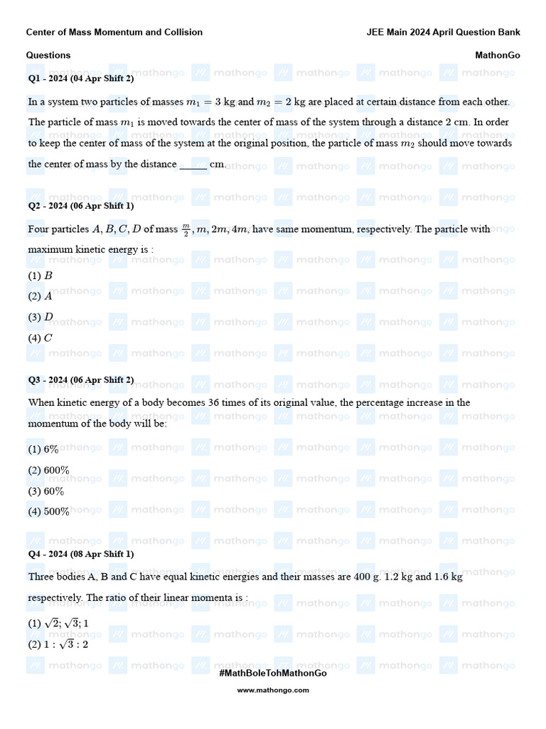 JEE Main 2024 April Physics Questions | PDF | Momentum | Mass