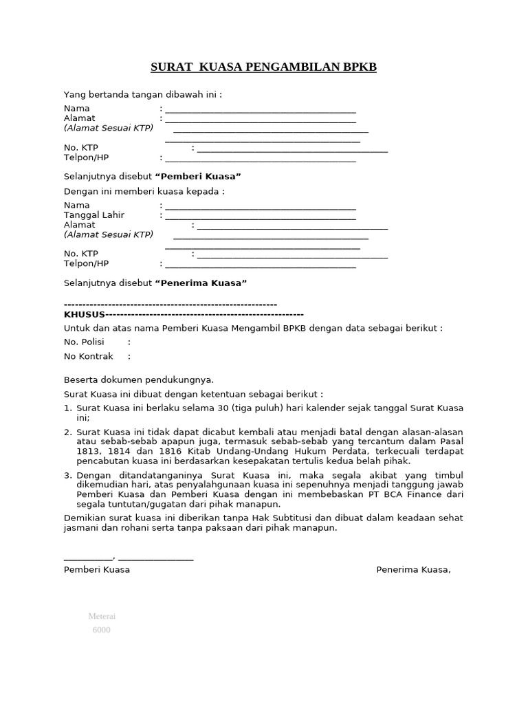 Surat Kuasa Pengambilan BPKB Resmi | PDF