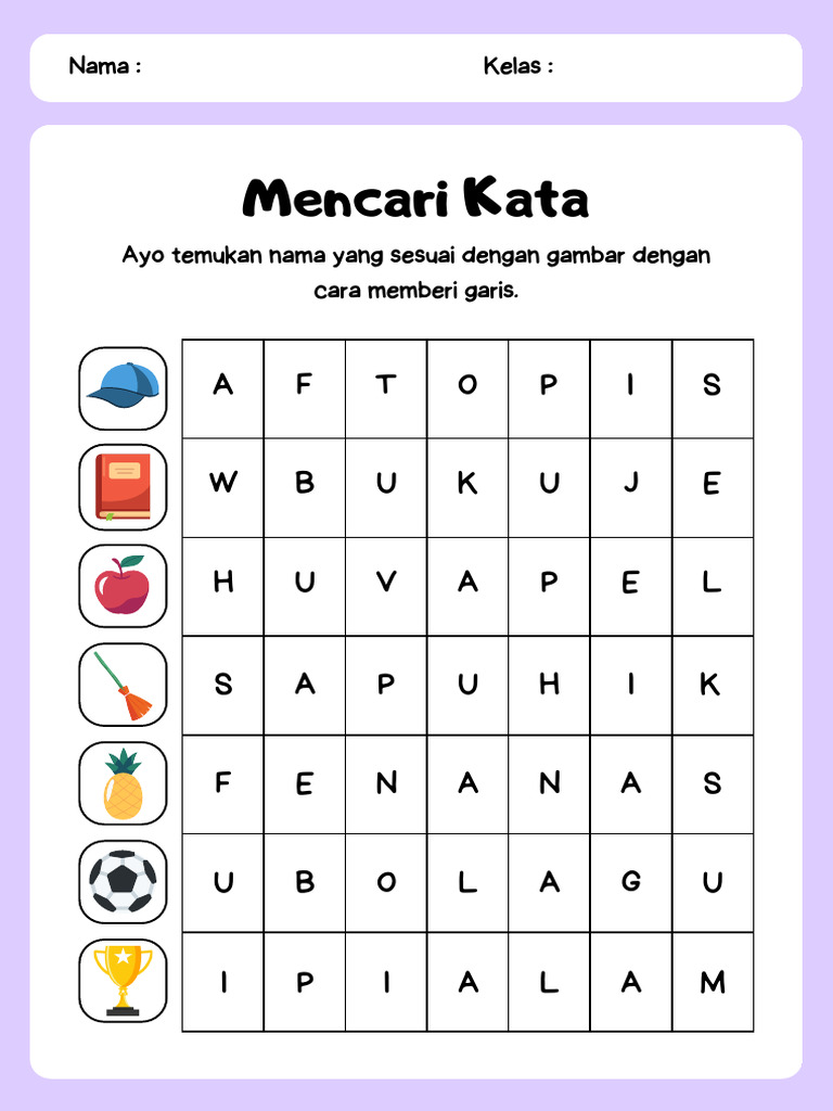 Mencari Kata Lembar Kerja Bahasa Indonesia Ungu Sederhana Ilustratif | PDF