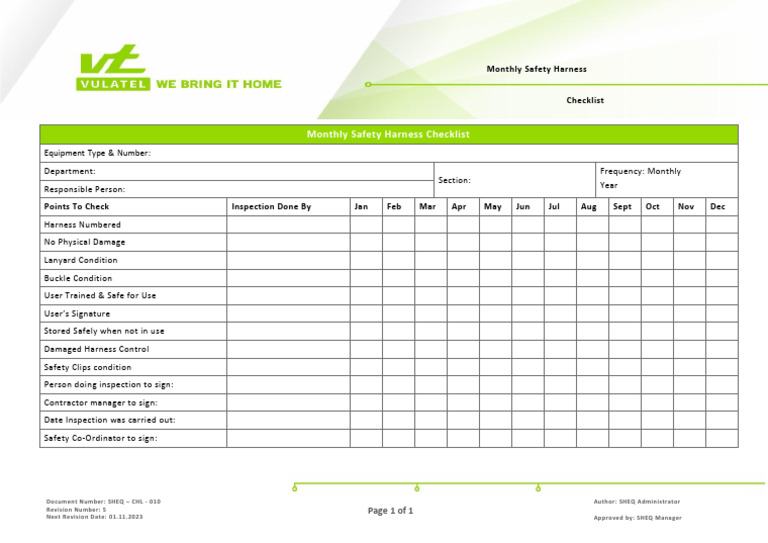 SHEQ-CHL-010 Monthly Safety Harness Checklist | PDF