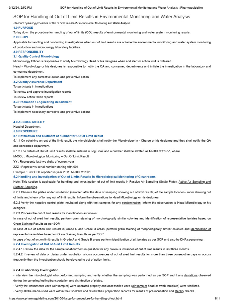 SOP For Handling of Out of Limit Results in Environmental Monitoring ...