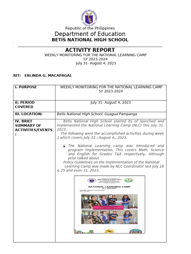BNHS NLC Accomplishment Report - Week 1 File 1 | PDF | Learning | Cognition