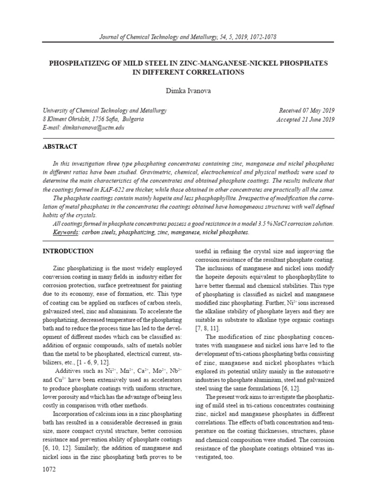 Phosphatizing of Mild Steel in Zinc-Manganese-Nickel Phosphates in ...