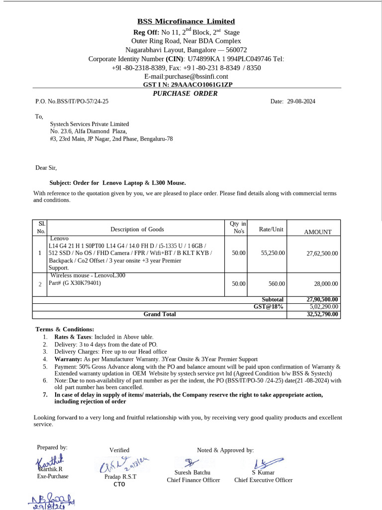 BSS Microfinance Purchase Order Details | PDF