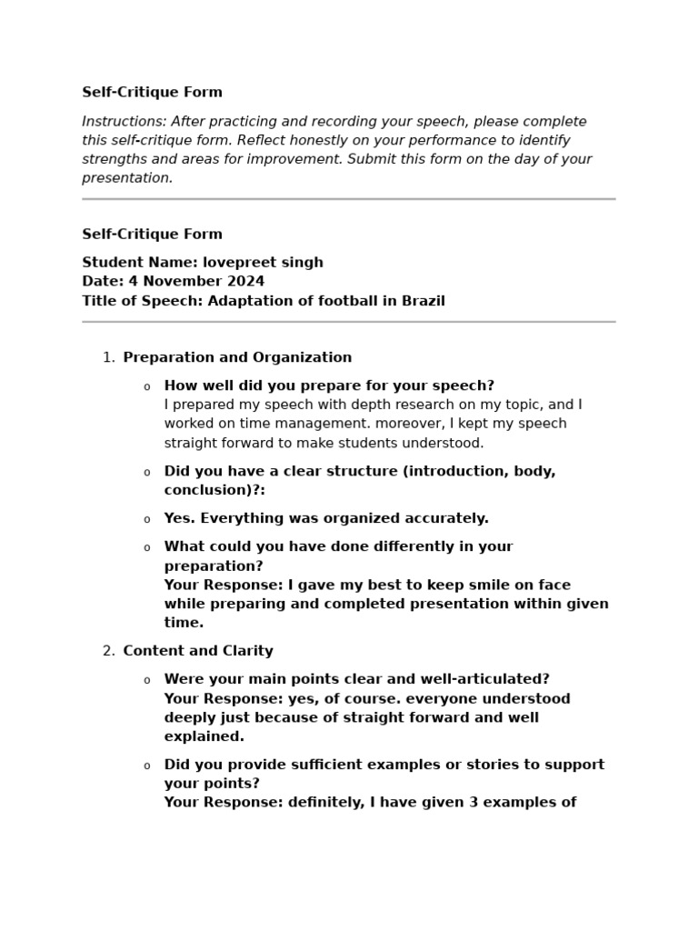 Self-Critique Peer Review Forms (123 | PDF | Speech | Psychological ...