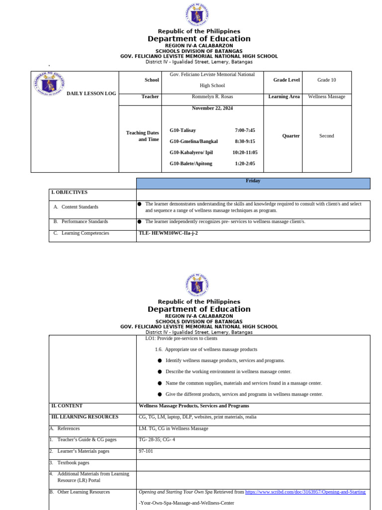 DLL Tle10 H.E WM Q2 L20-21 W7 Lo1-1.6.wellness Massage Products, Service and Programs | PDF ...