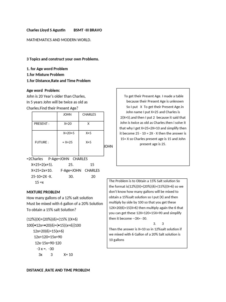 How To Solve Age Word Problem, Mixture Problem, Distance Rate and Time Problem | PDF | Mathematics