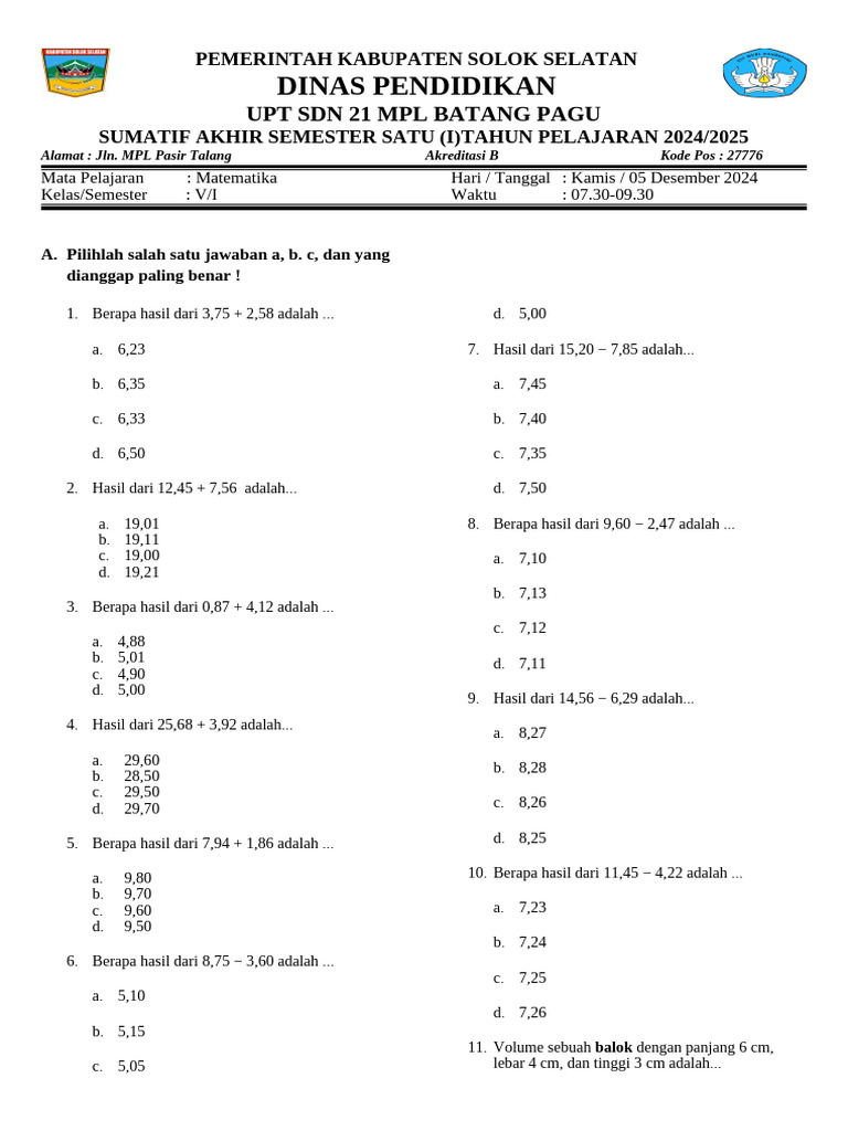 Soal Sas Matematika Kls 5 Semester 1 | PDF