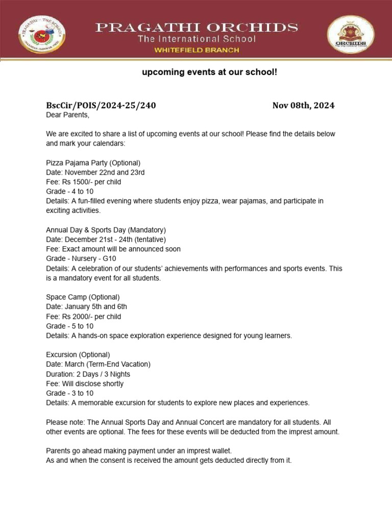 Upcoming School Events for 2024-25 | PDF