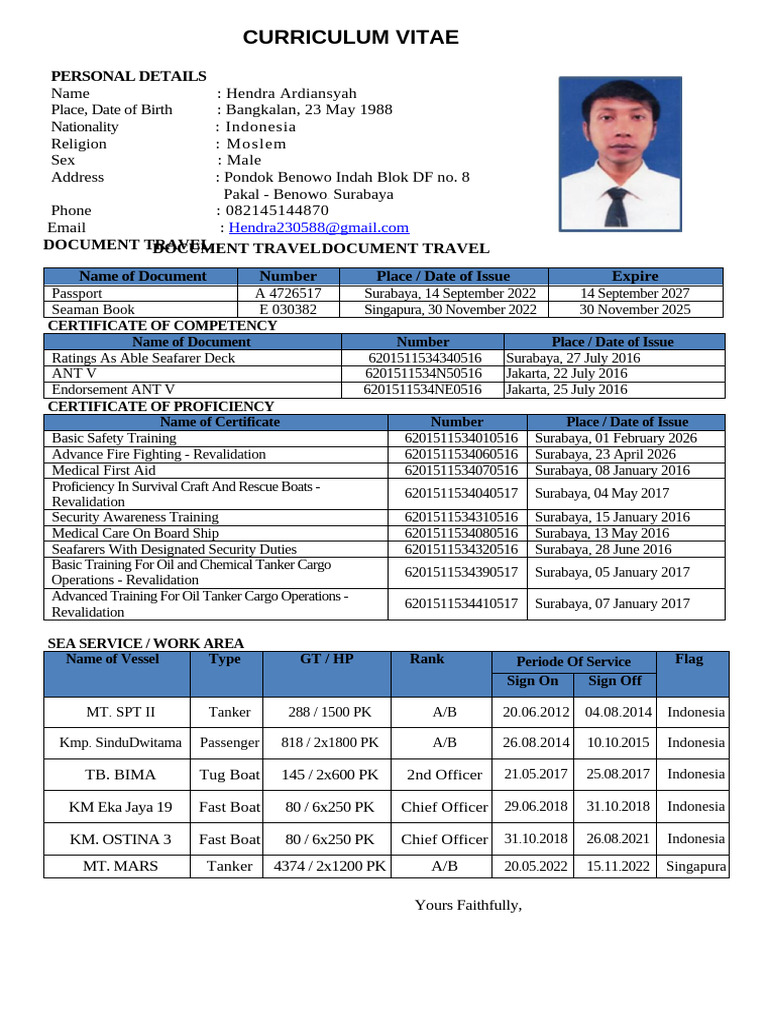 Curriculum Vitae Hendra 2023 | PDF | Sailor | Freight Transport