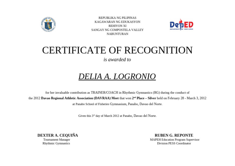 Cert. of Recognition Rythmic | PDF