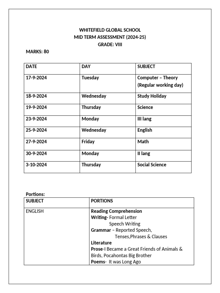Grade 8 Midterm Exam Datesheet and Portions 2024-25 | PDF | Linguistics ...