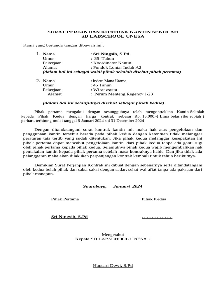 Surat Perjanjian Kontrak Kantin Sekolah | PDF