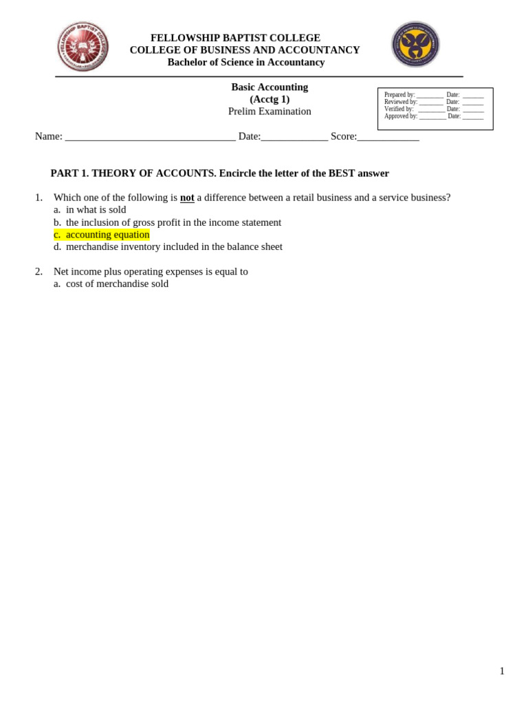 2024 Prelim Examination - ACCT 1 - Answer Key | PDF | Debits And Credits | Income Statement