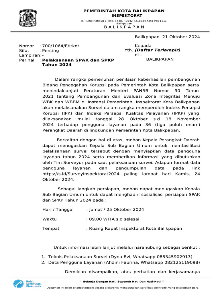 Survei SPAK dan SPKP Balikpapan 2024 | PDF
