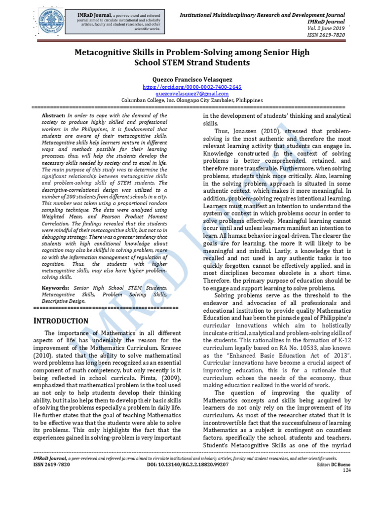 Metacognitive Skills In Problem Solving Pdf Metacognition Learning
