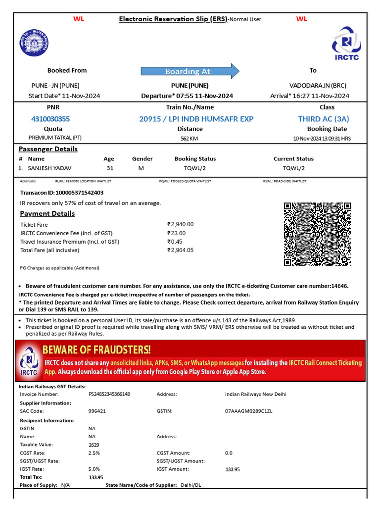 Third Ac (3A) 20915 / Lpi Indb Humsafr Exp 4: WL WL | PDF | Identity ...