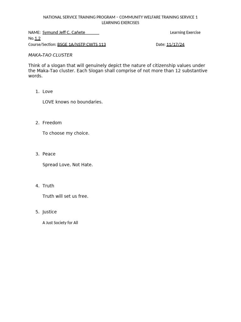 NSTP CWTS 113 - Learning Exercise 1.3 | PDF