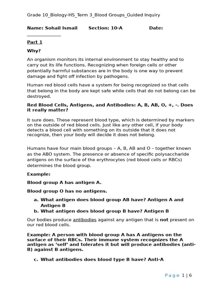 Guided Inquiry-Blood Groups and Immunologic Reactions | PDF | Blood ...
