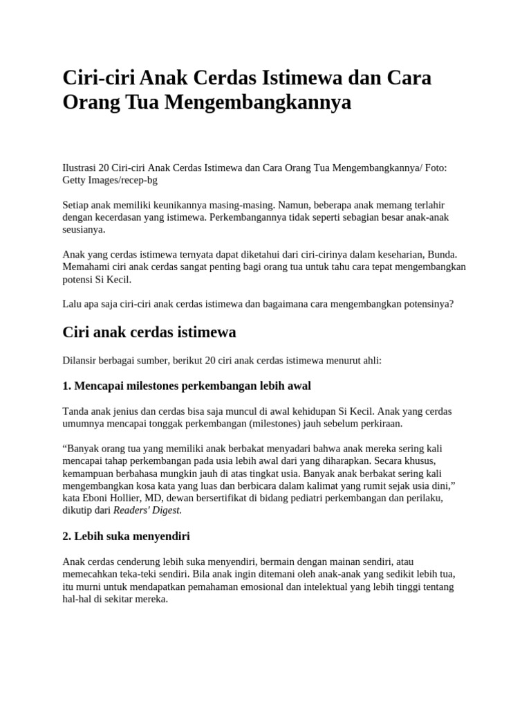 Ciri Anak Cerdas | PDF | Karier & Perkembangan