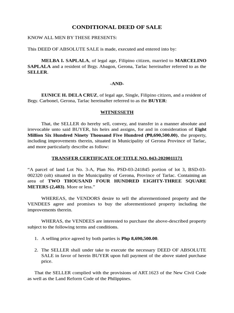 Conditional Deed of Sale | PDF | Common Law | Justice