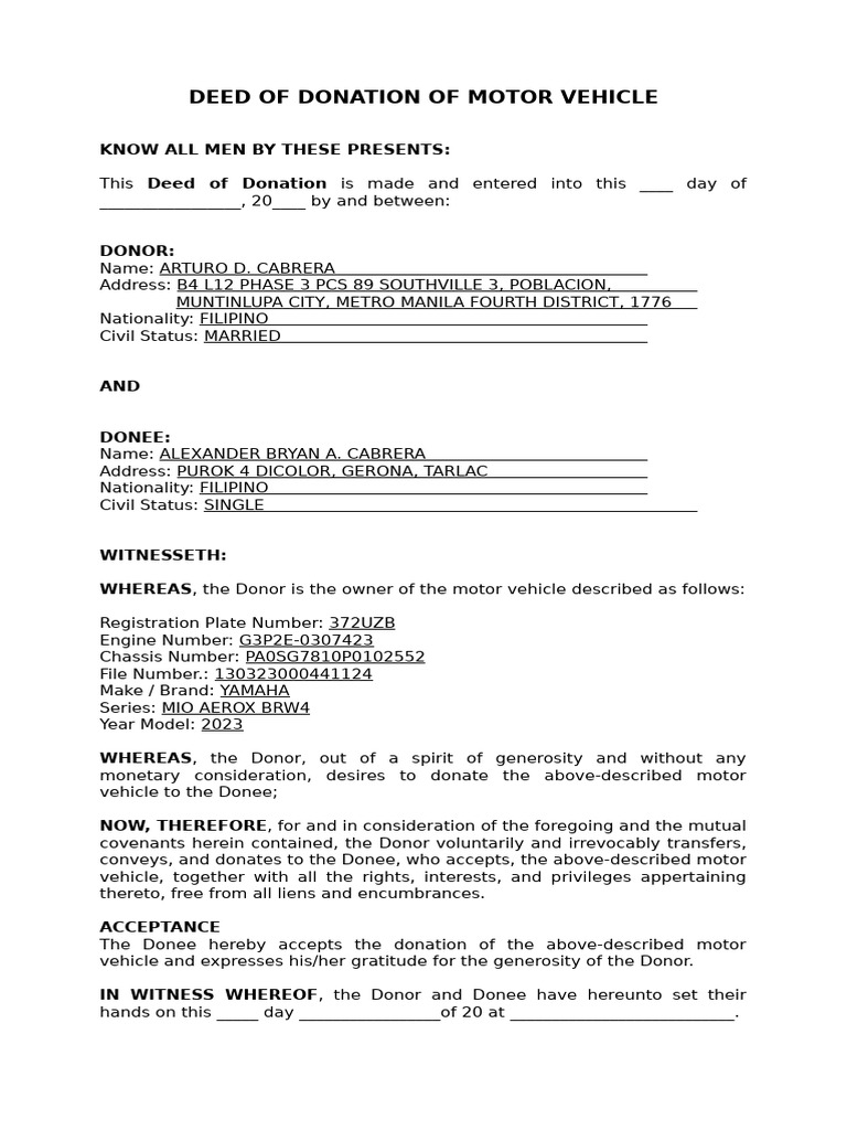 Deed of Donation of Motor Vehicle | PDF