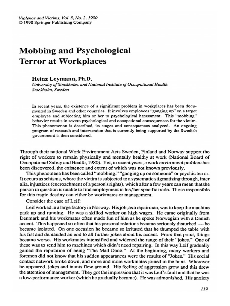 Mobbing and Psychological Terror at Work | PDF | Psychology