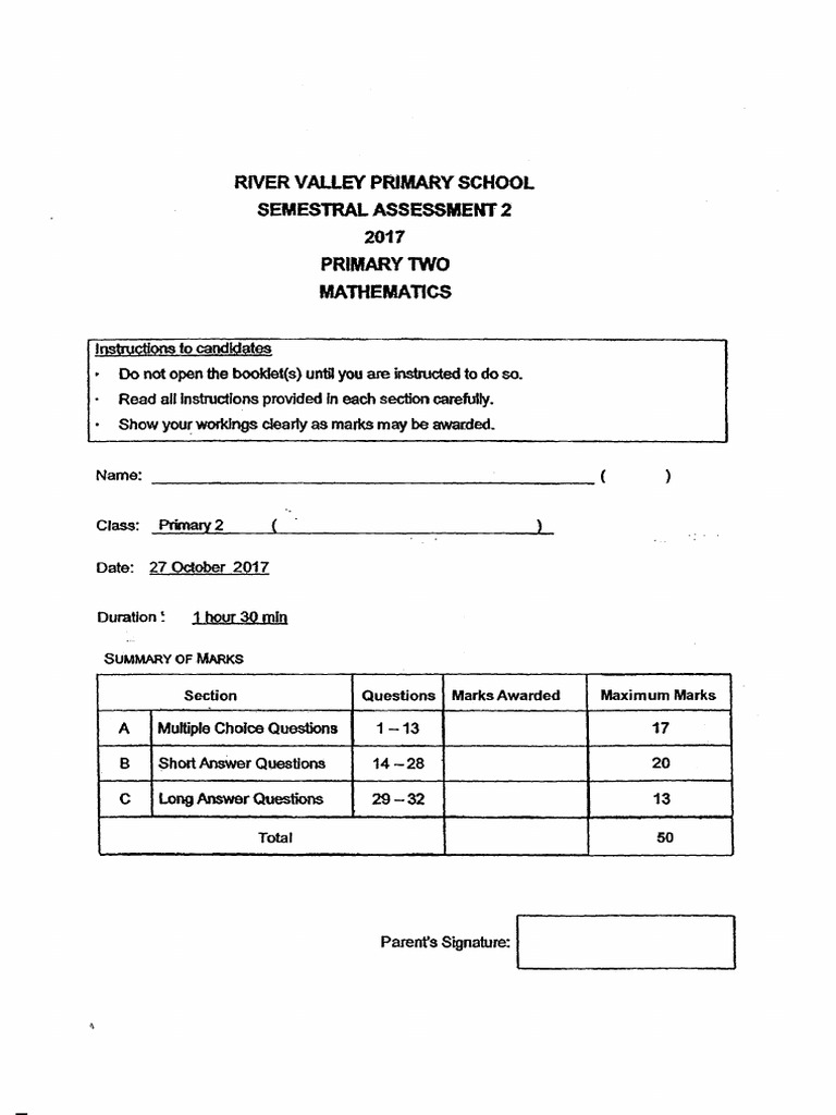 P2 Maths SA2 2017 River Valley Exam Papers | PDF
