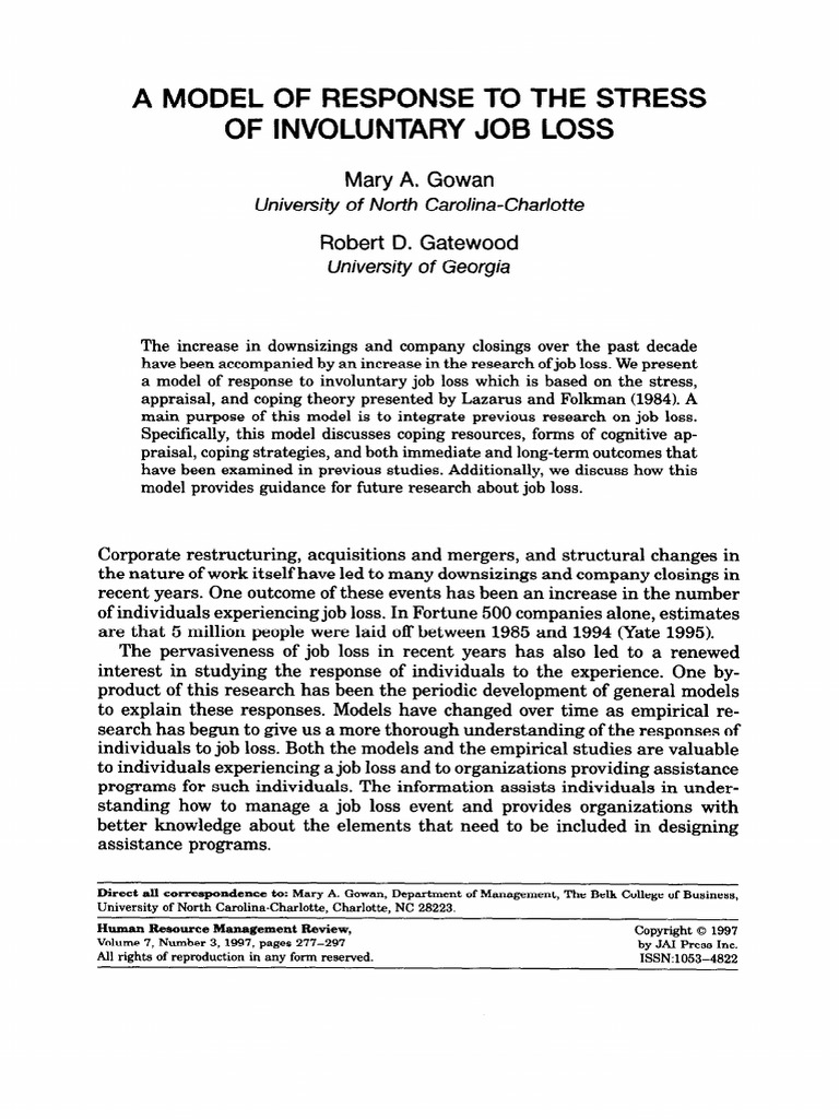 Gowan (1997) A Model of Response To The Stress of Involuntary Job Loss ...
