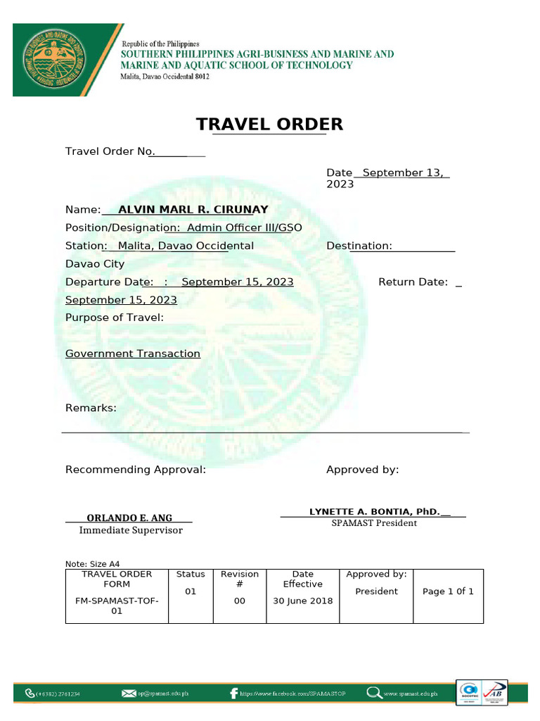 Travel Order Updated Format | PDF