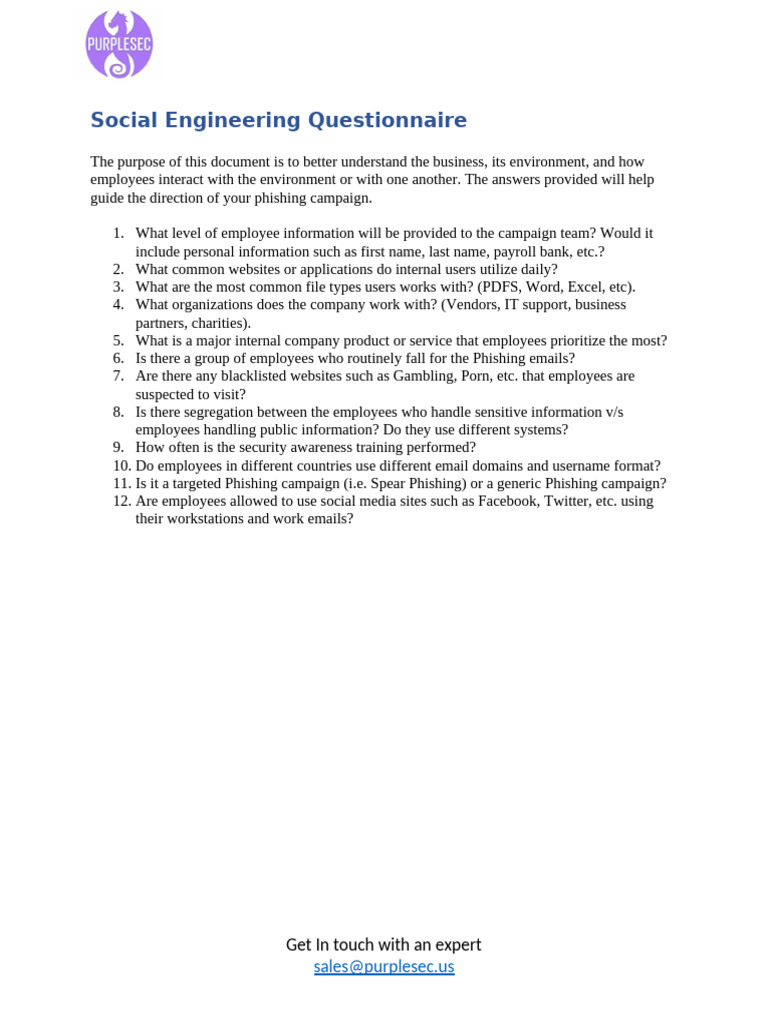 Social Engineering Questionnaire PurpleSec | PDF