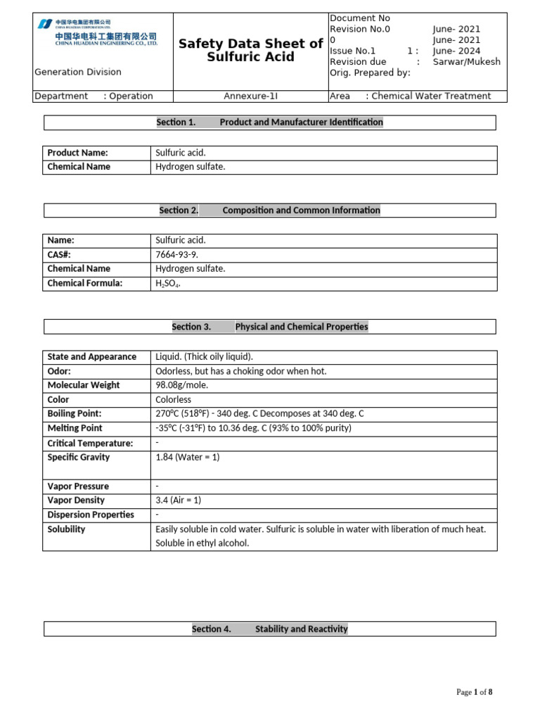 Sulfuric Acid Sds
