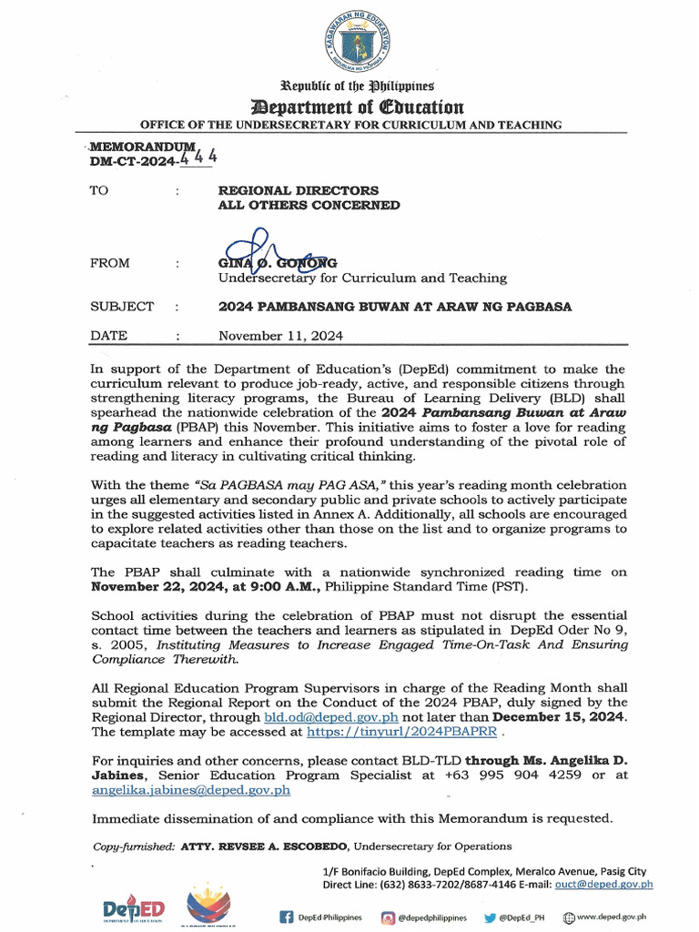 DM CT 2024 444 Pambansang Buwan at Araw NG Pagbasa | PDF