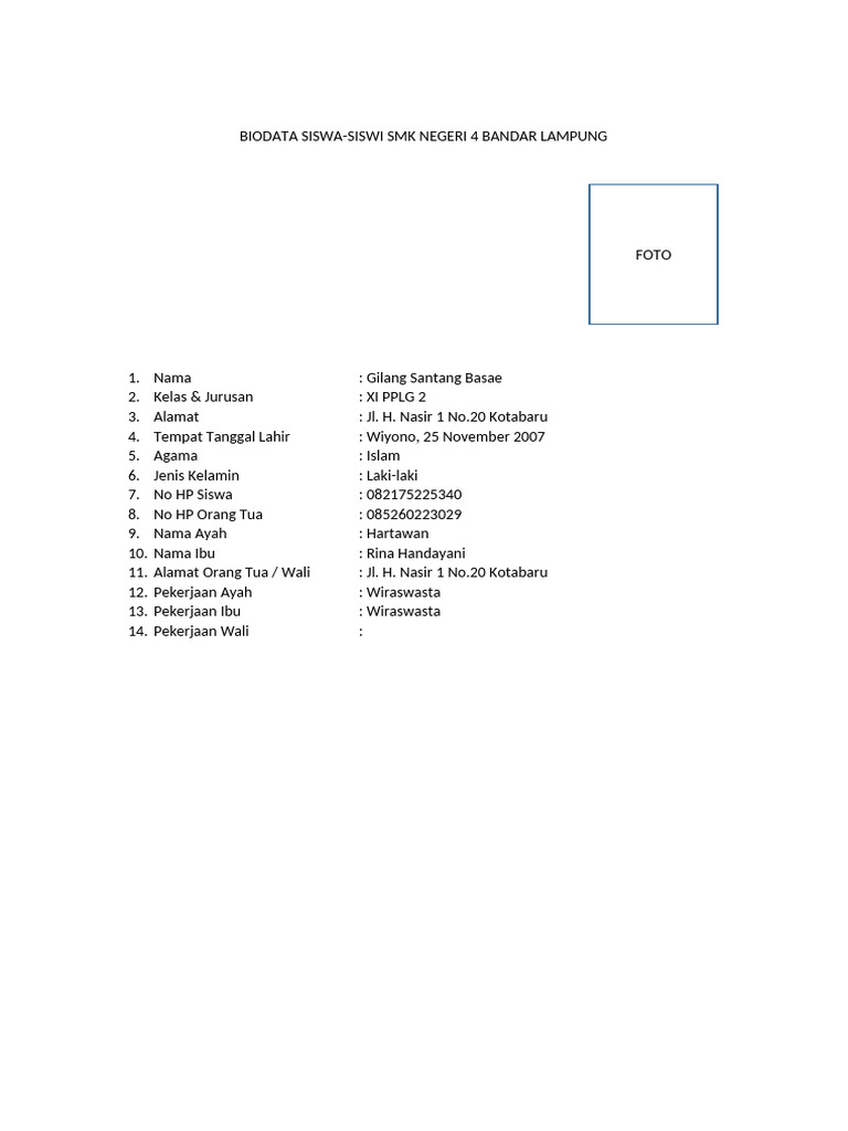 Biodata Siswa Gilang | PDF