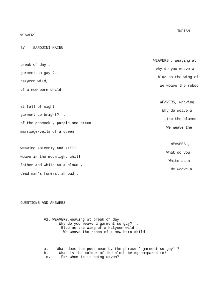 Indian Weavers by Sarojini Naidu | PDF