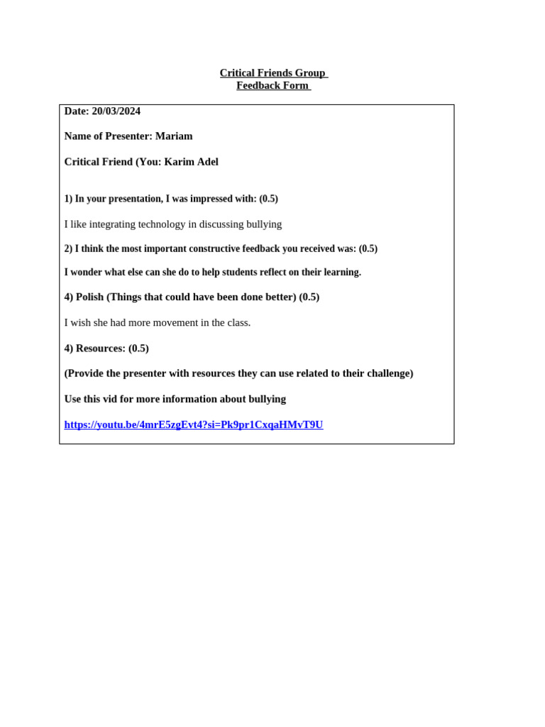 Critical Friends Group - Feedback Form (For Mariam) 2 | PDF