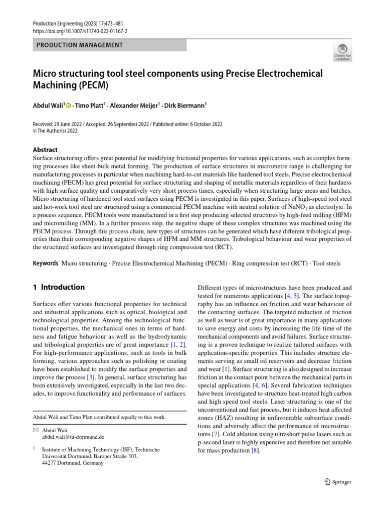 Micro Structuring Tool Steel Components Using Precise Electrochemical | PDF | Machining | Friction