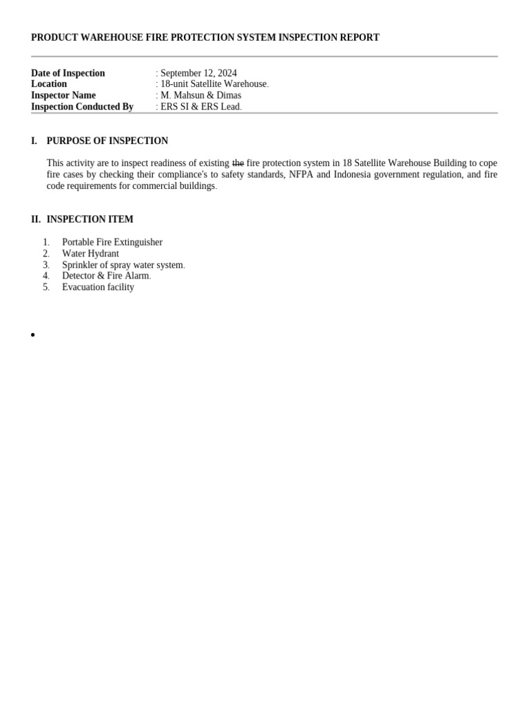 FIRE PROTECTION SYSTEM INSPECTION REPORT SS Review | PDF | Firefighting ...