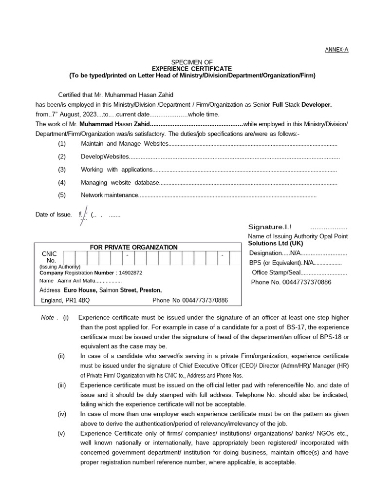 Experience Certificate Template | PDF
