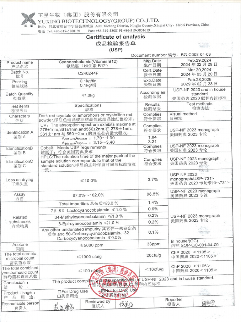 COA Vitamin B12 | PDF