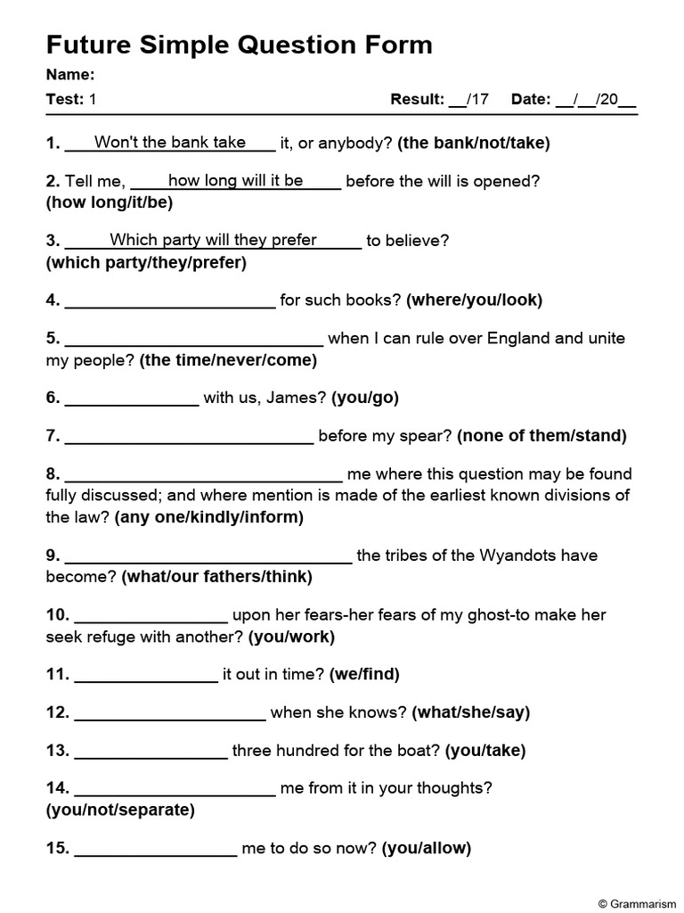 Grammarism Future Simple Question Test 1 1920704 | PDF