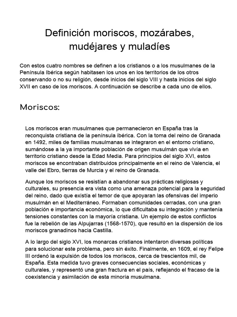Definición Moriscos, Mozárabes, Mudéjares y Muladíes | PDF | Al Andalus ...
