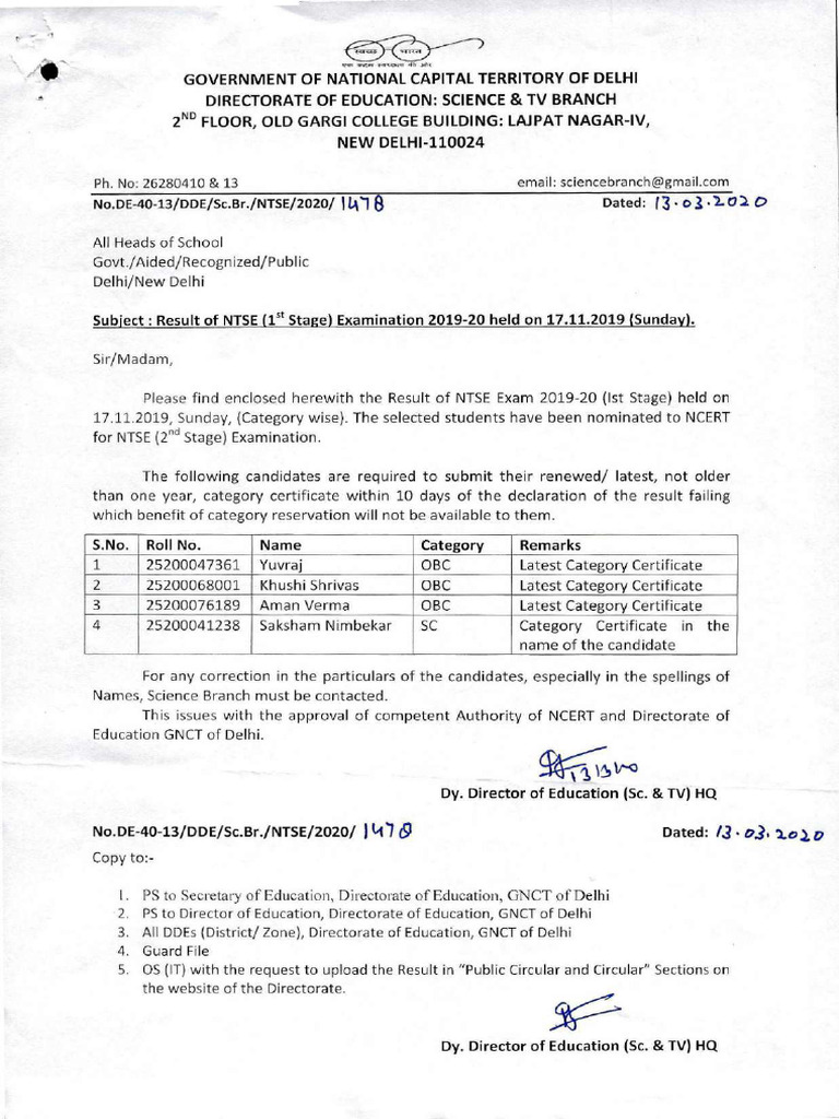 Delhi NTSE Result Compressed | PDF | Educational Institutions | Delhi