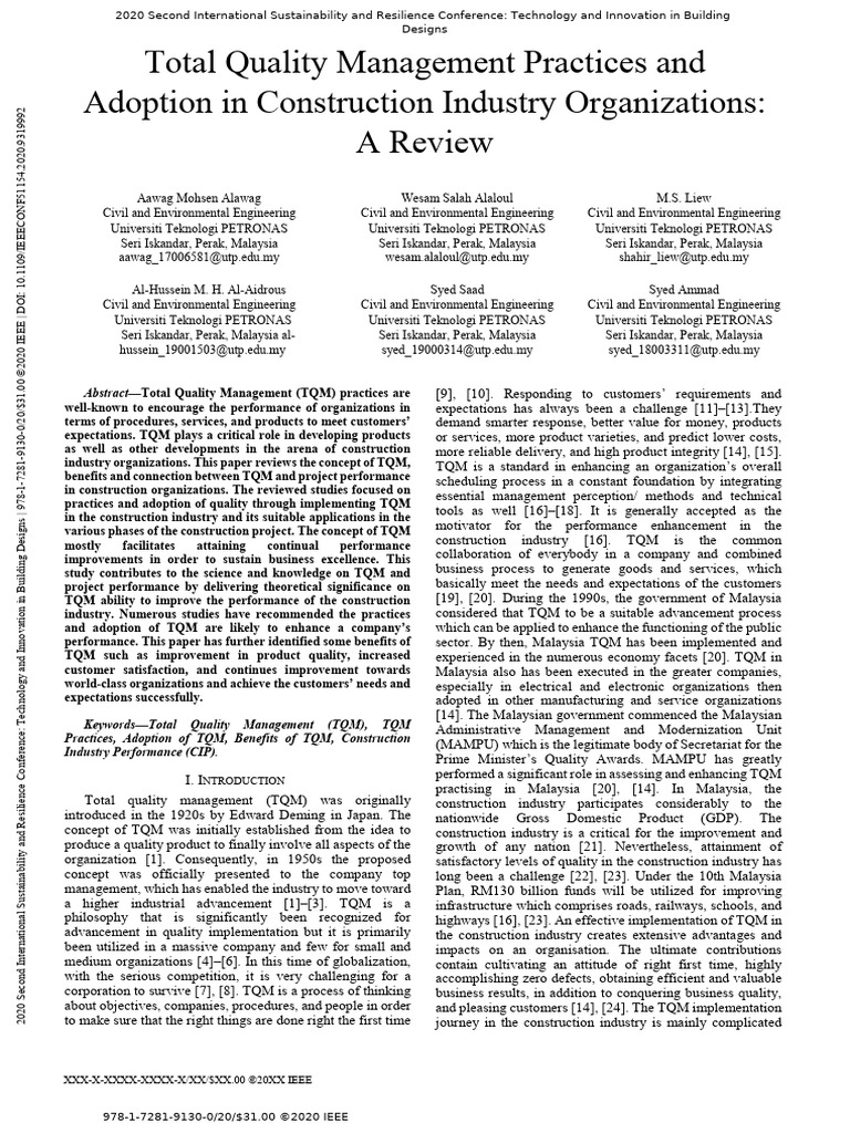 TQM Practices in Construction Industry | PDF | Quality Management | Goal