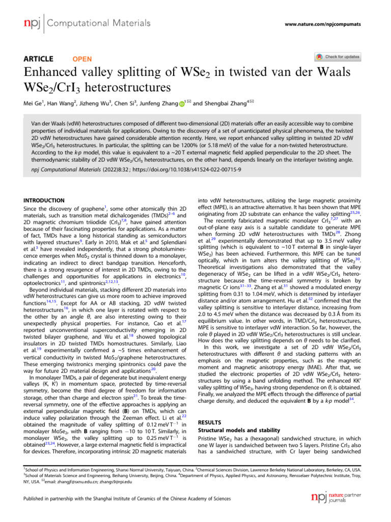 Enhanced Valley Splitting of Wse in Twisted Van Der Waals Wse /cri Heterostructures | PDF ...