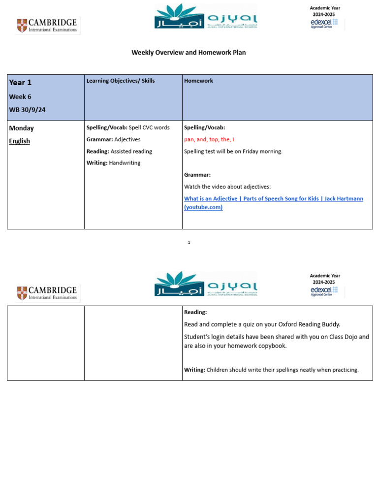 Year 1: Weekly Overview and Homework Plan | PDF