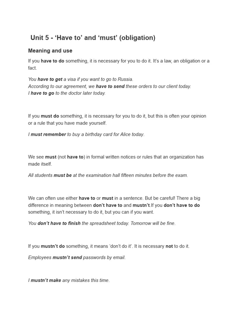 Unit 5 - Have To' and Must' (Obligation) | PDF | English Language ...
