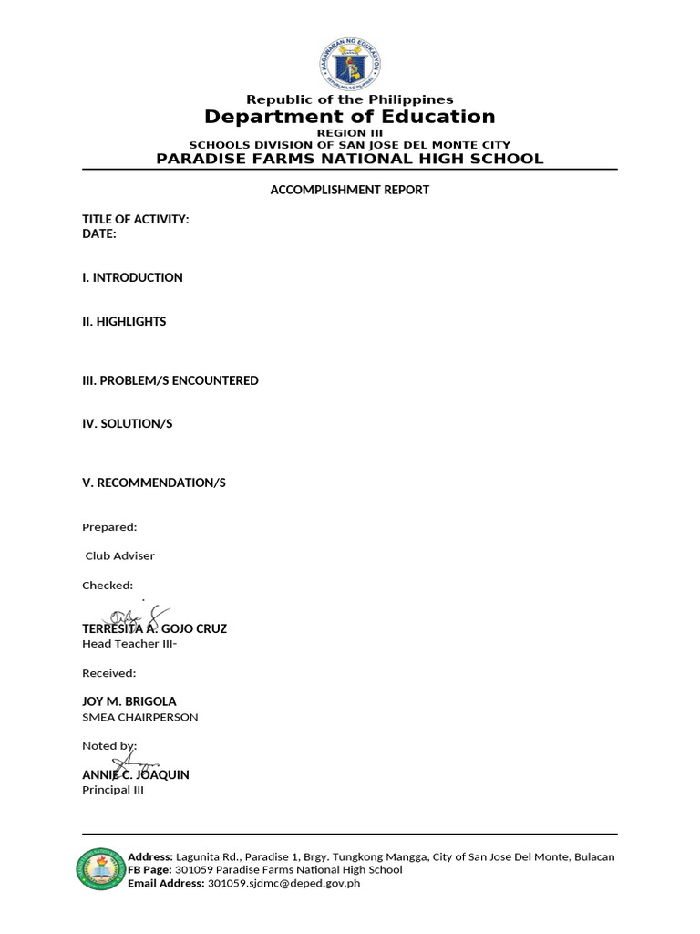 Accomplishment Report Template | PDF | Wellness