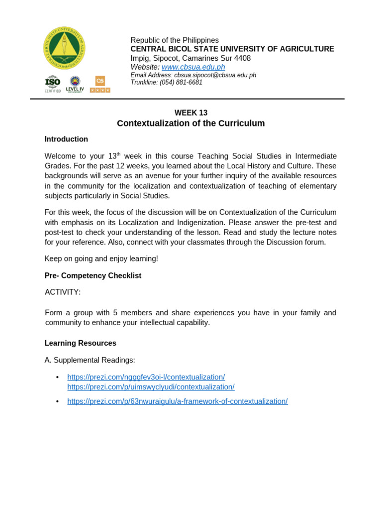 Week 13 SSTUD. 2 Contextualization | PDF | Curriculum | Learning