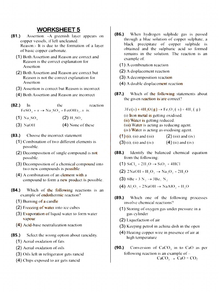 10th CBSE Science MCQ Worksheet Chapter 1 | PDF